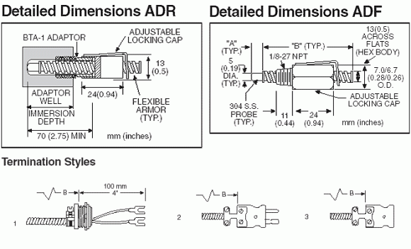 ADR-ADF-PROBES Adjustable Depth Armoured Thermocouples
